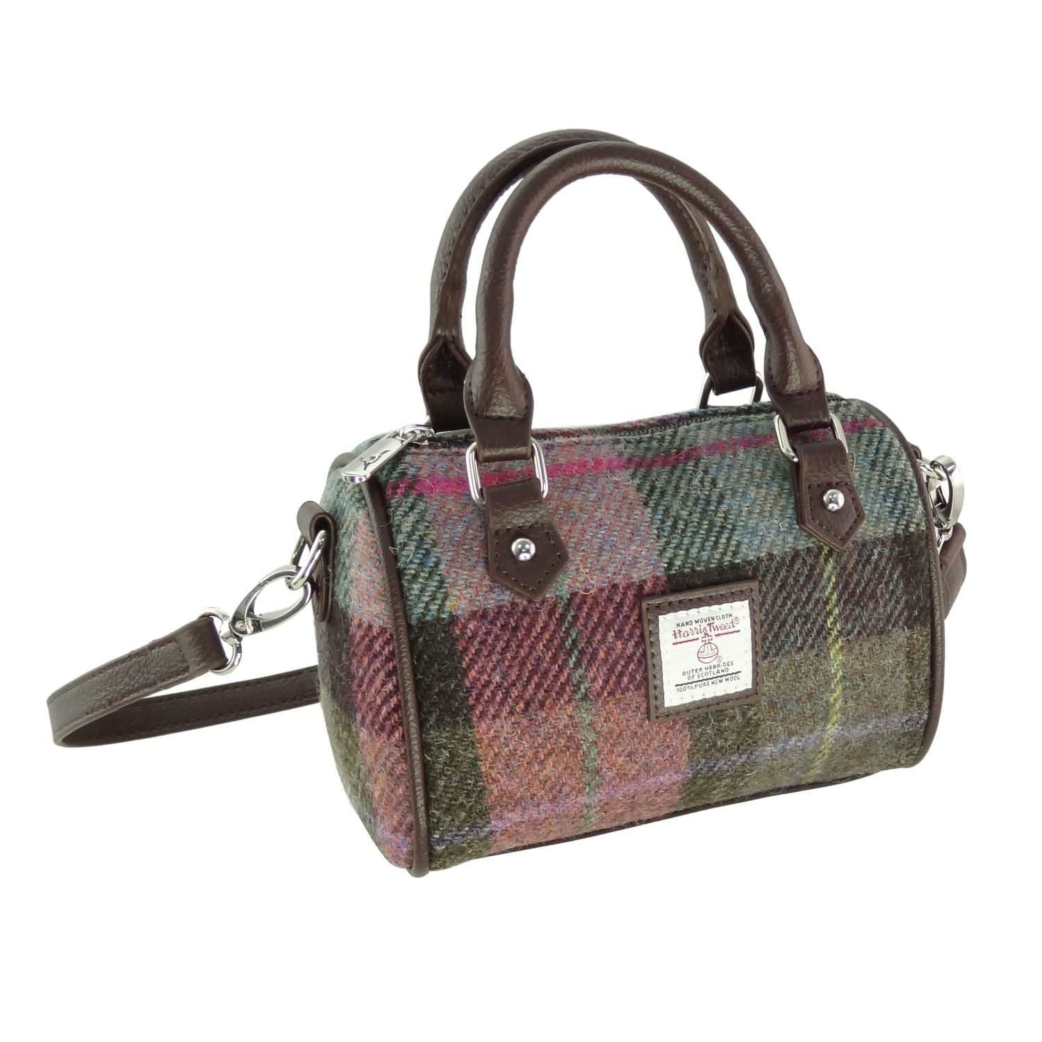 Glen Appin Harris Tweed Kilbride Mini Bowling Bag Green & Pink Tartan ...