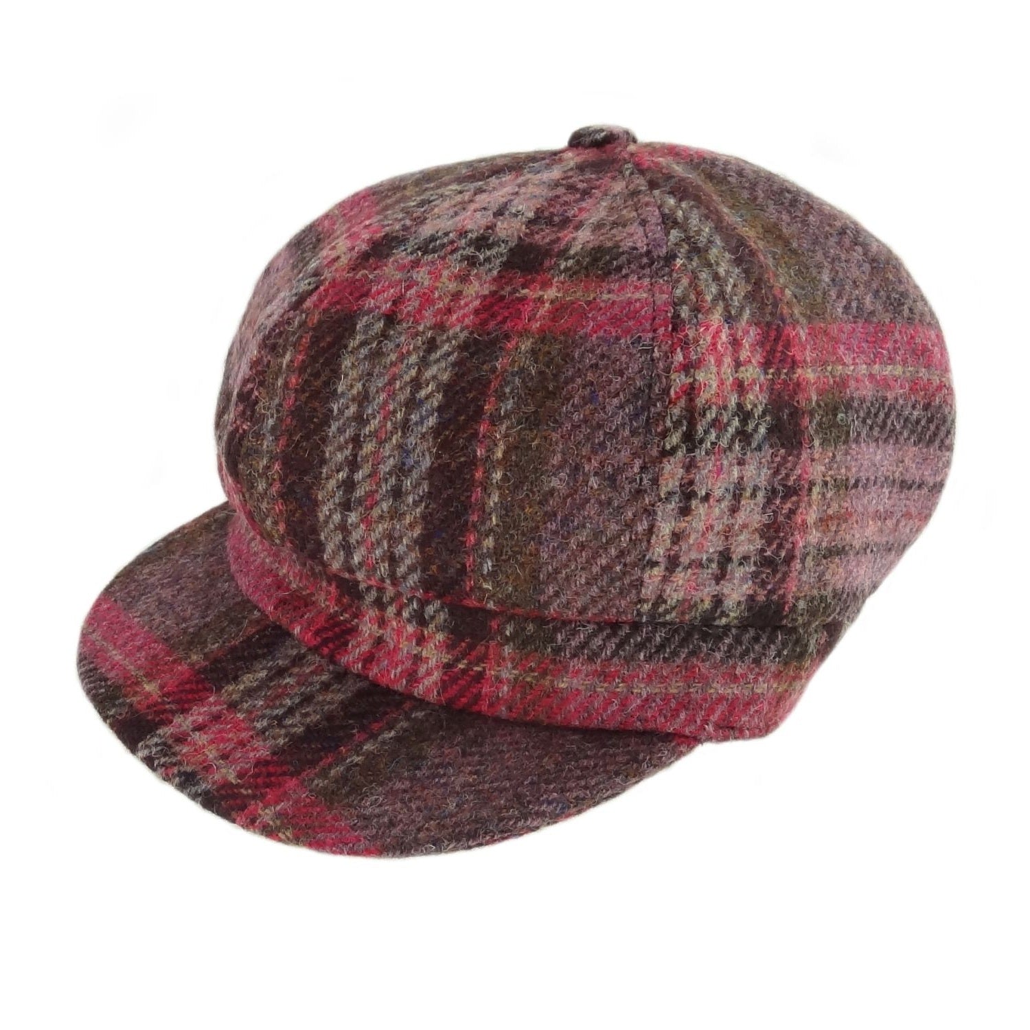 Glen Appin Ladies Harris Tweed Bakerboy Cap Burgundy & Pink Tartan ...