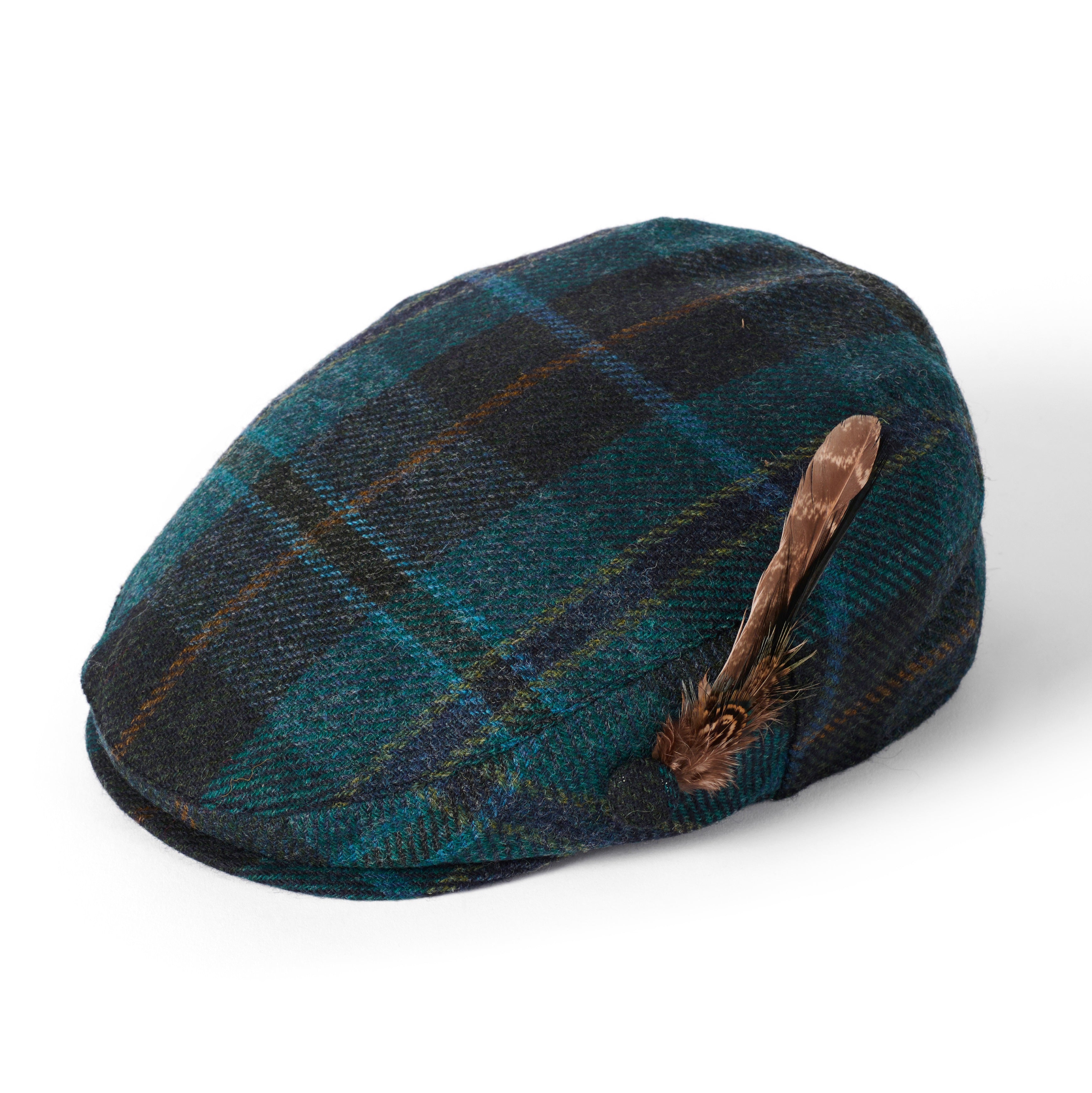 Failsworth Ladies Country Flat Cap With Feather In Cyan Tweed – The Hat ...