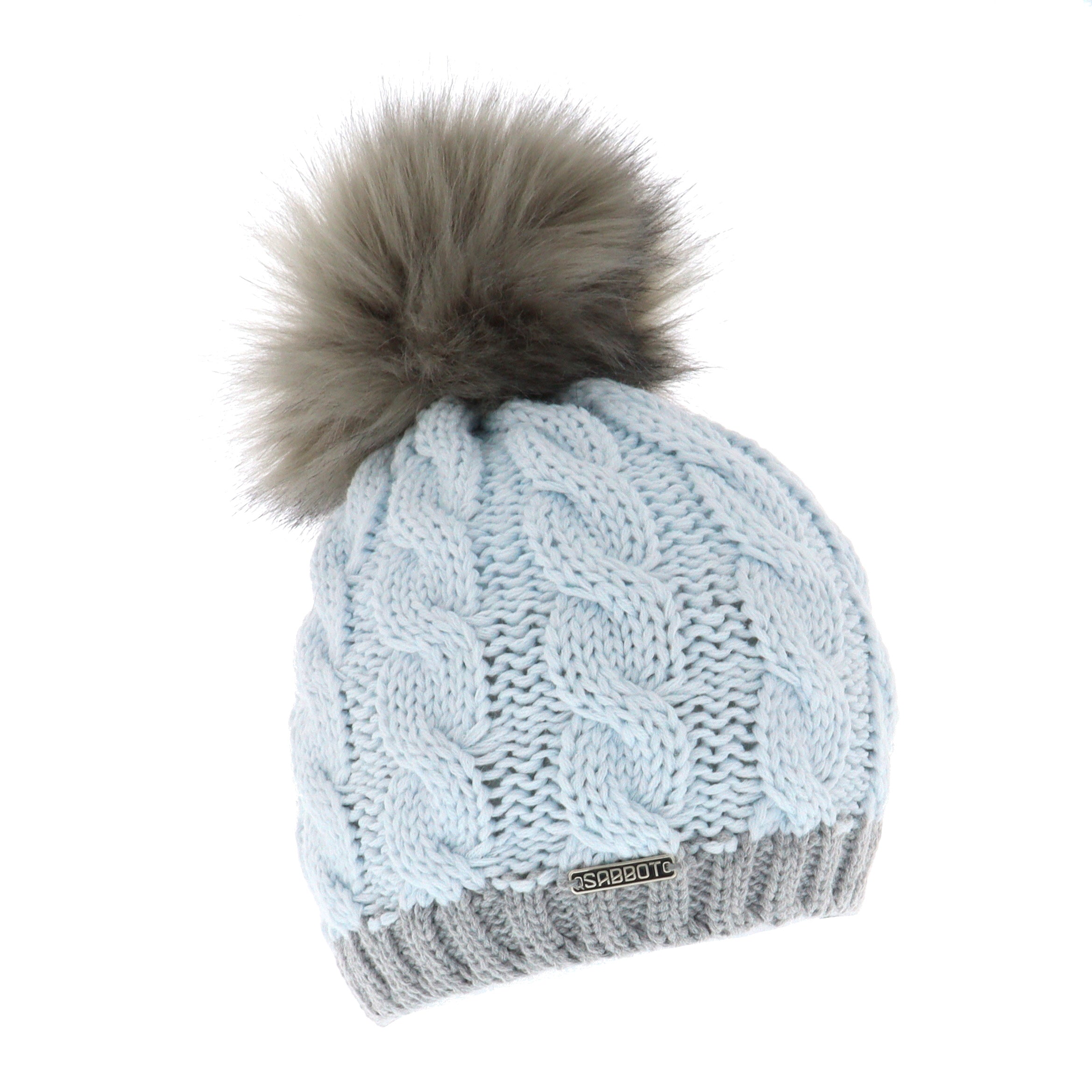 Sabbot Andrea Chunky Knit Faux Fur Bobble Hat Sky/Grey – The Hat Company