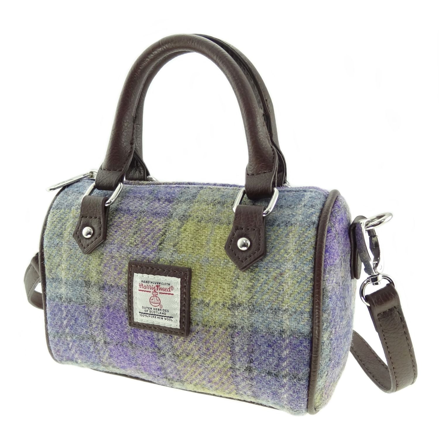 Glen Appin Harris Tweed Kilbride Mini Bowling Bag Lilac & Green Check ...